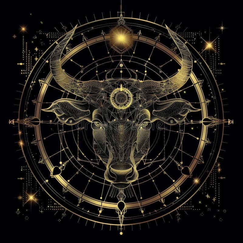 Mystical Taurus Zodiac Symbol with Celestial Elements in Gold Stock ...