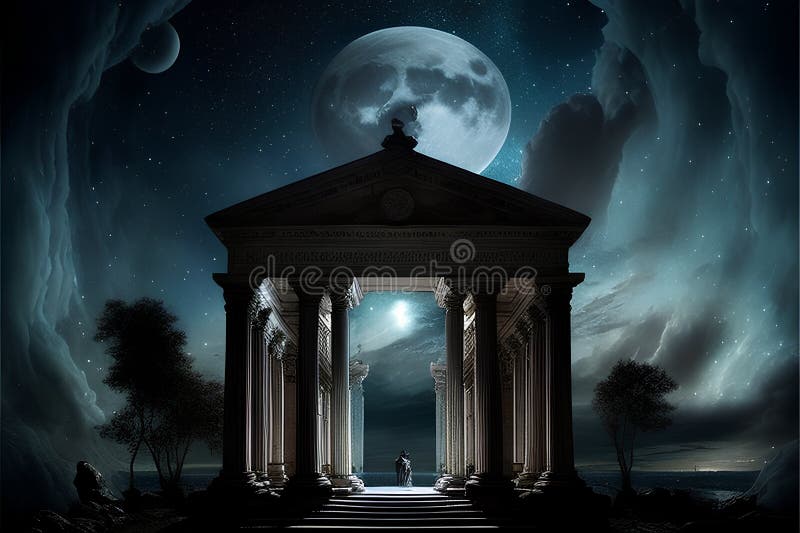 Mystical Temple at Night with Full Moon. Halloween Concept Stock ...