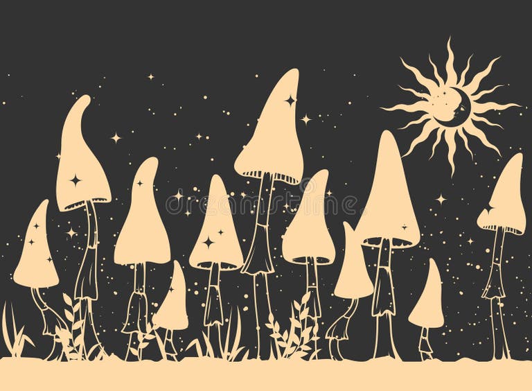 Mystical Toadstools, Boho Style Mushrooms Over Night Sky and Moon ...