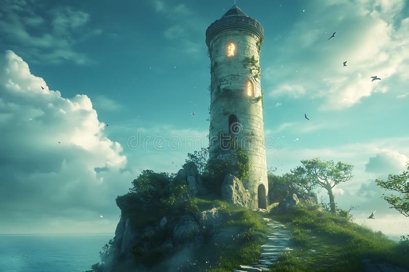 A Mystical Tower Surrounded by Nature and a Serene Sky Stock ...