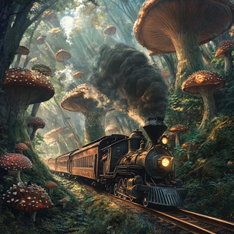 Mystical Train through Dense Mushroom Forest Stock Image - Image of ...