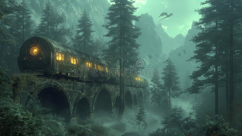 Mystical Train Journey through Enchanted Forest - Generative Ai Stock ...