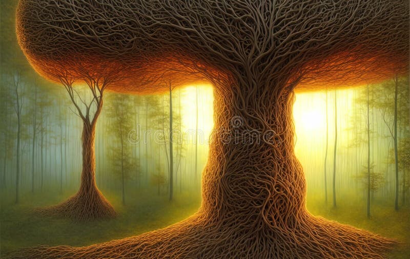 Mystical Tree, with Moon and Starry Sky Visible, Against a Dark Night ...