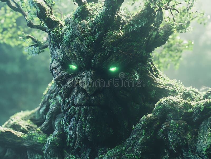 Mystical Tree Figure with Glowing Eyes in Lush Environment Stock ...