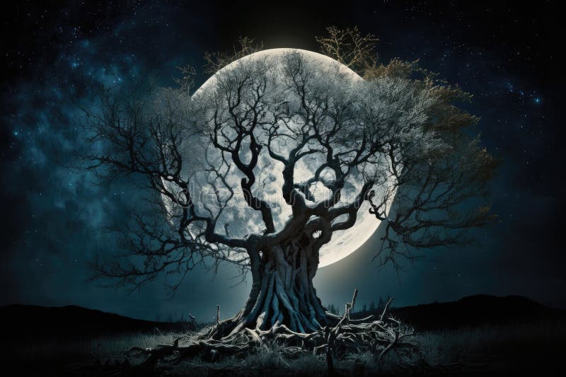 Mystical Tree, with Full Moon Shining Down on it, Casting Magical Light ...