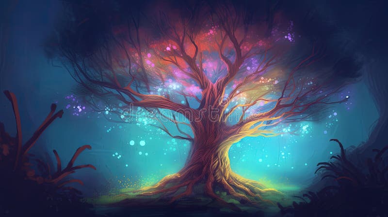 A Mystical Tree with Glowing Branches Stock Illustration - Illustration ...