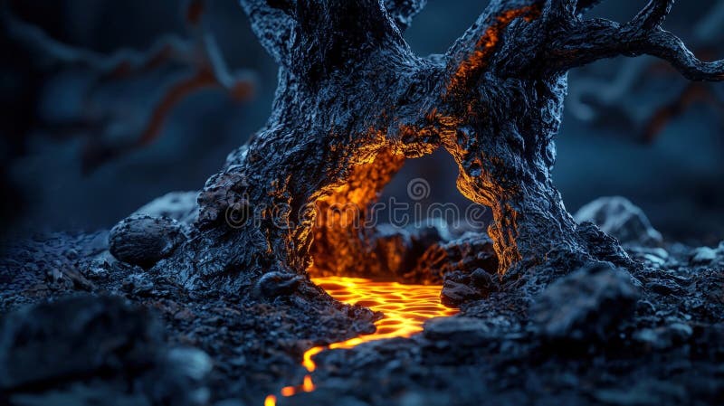 A Mystical Tree with a Glowing Lava Stream Flowing through Its Hollow ...