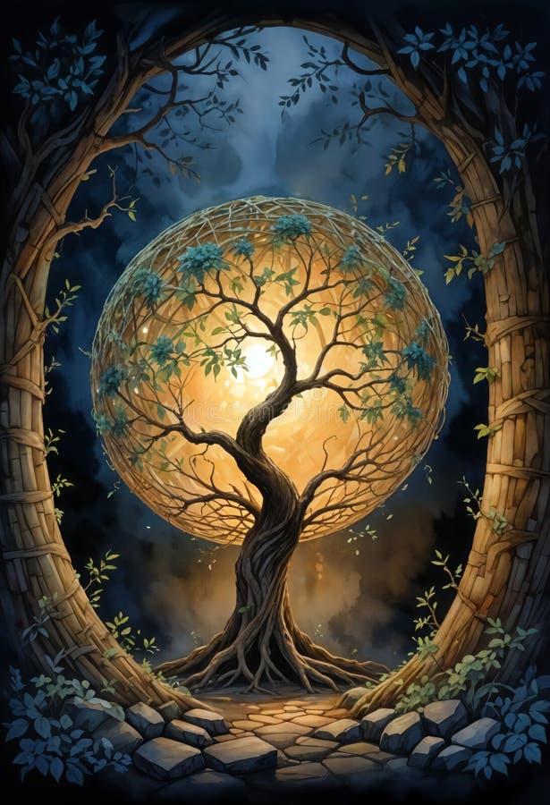Mystical Tree with Glowing Moonlight Stock Illustration - Illustration ...