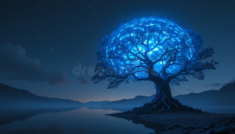 Mystical Tree with Glowing Orb at Night Stock Illustration ...