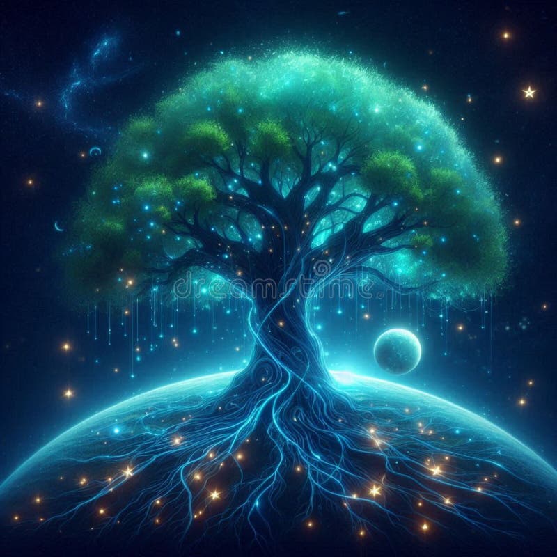Mystical Tree Illuminates Cosmic Night Sky Stock Photo - Image of ...