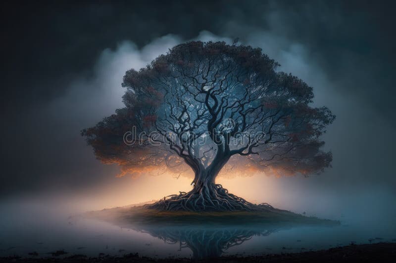 Mystical Tree Surrounded by Misty Fog on a Dark and Stormy Night Stock ...