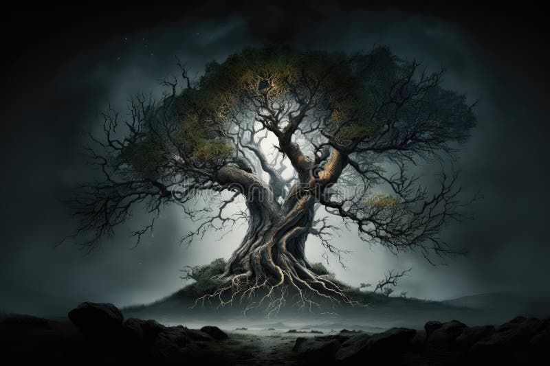 Mystical Tree Surrounded by Misty Fog on a Dark and Stormy Night Stock ...