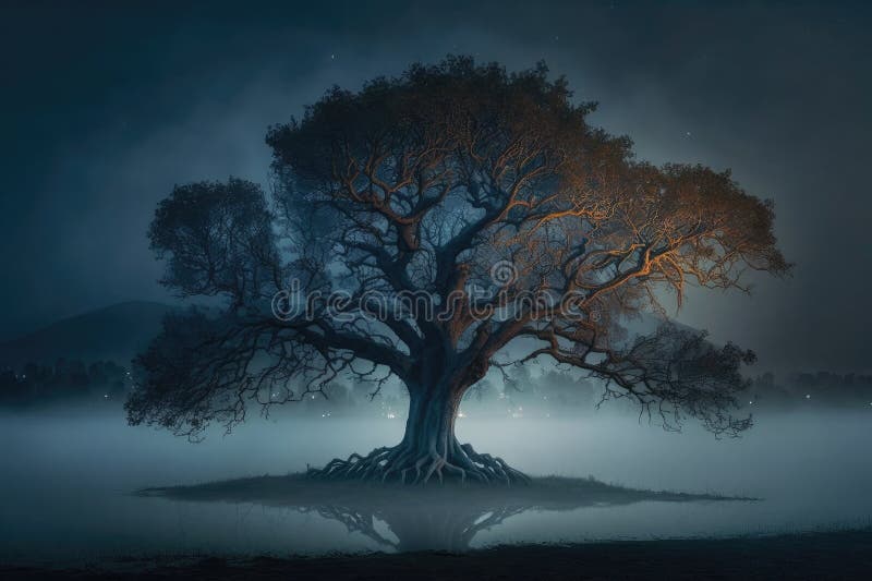 Mystical Tree Surrounded by Misty Fog on a Dark and Stormy Night Stock ...