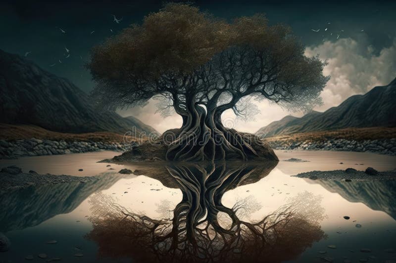 Mystical Tree Towering Over Peaceful Riverbed, with Reflection of the ...