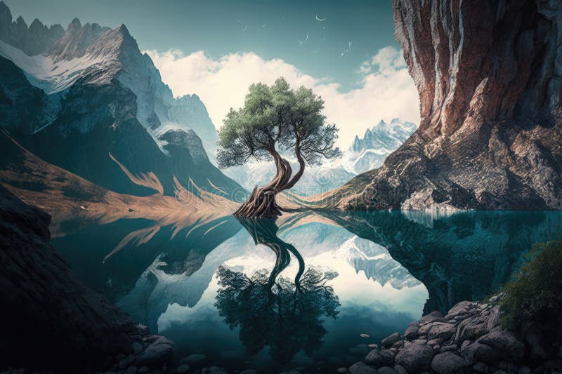 Mystical Tree with View of Crystal-clear Lake, Surrounded by Towering ...