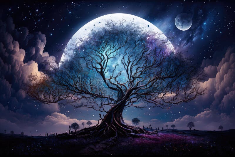 Mystical Tree with View of the Moon, Bight Starry Sky and Glowing ...