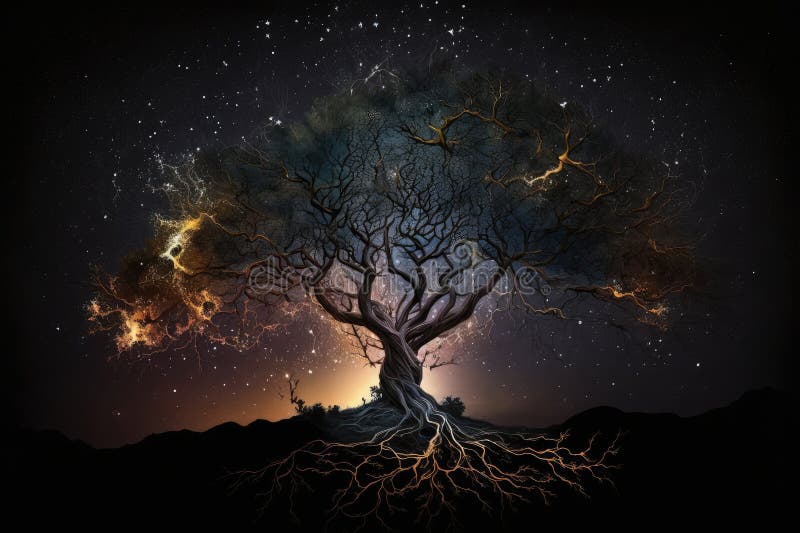 Mystical Tree with a View of the Night Sky, Stars Shining Stock ...