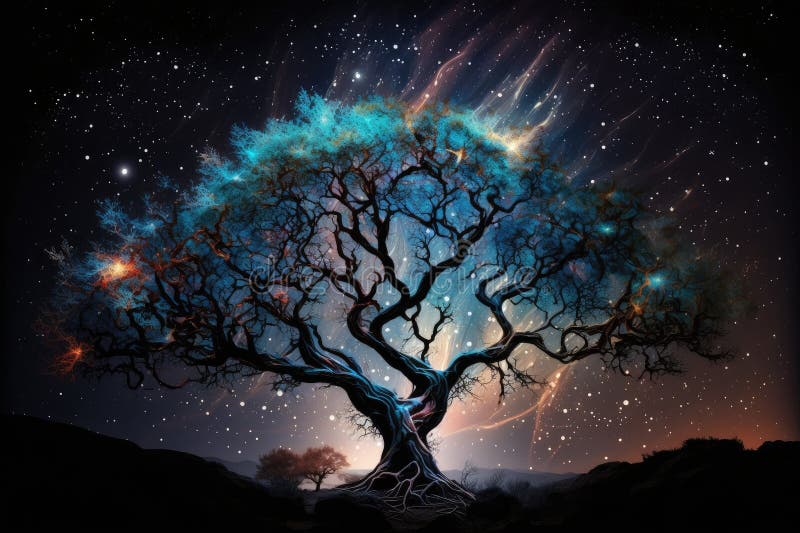 Mystical Tree with View of the Night Sky, Stars Shining Overhead Stock ...