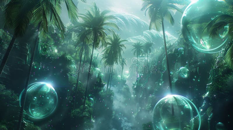 Mystical Tropical Jungle with Floating Bubbles and Ethereal Glow Stock ...