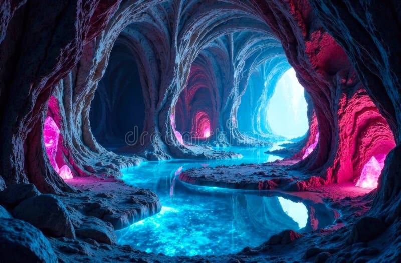 Mystical Underground Cave with Vibrant Crystals, a Shimmering Pool, and ...