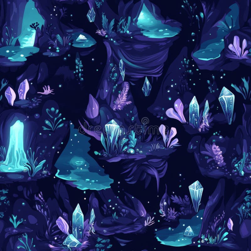 A Mystical Underwater Cave Pattern with Glowing Crystals, Mysterious Sea Creatures, and Hidden ...