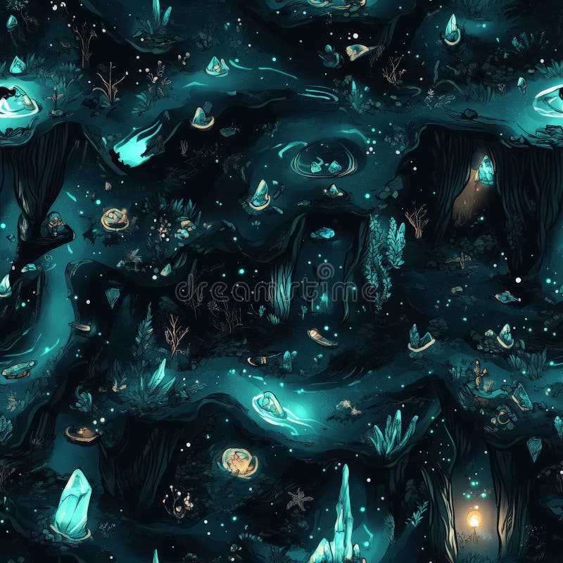 A Mystical Underwater Cave Pattern with Glowing Crystals, Mysterious Sea Creatures, and Hidden ...