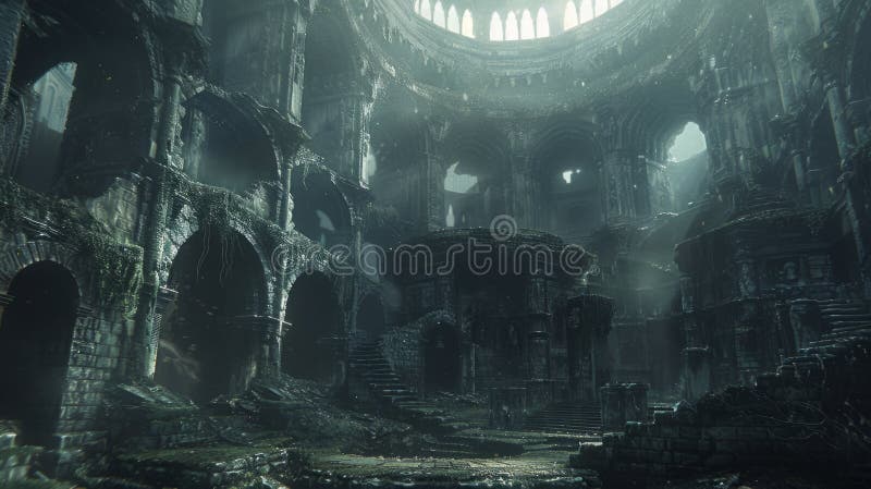 A Mystical Underwater Scene of an Ancient, Sunken Structure with Ornate ...