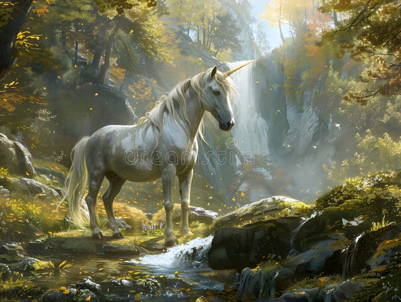 Mystical Unicorn by a Shimmering Waterfall Stock Illustration ...
