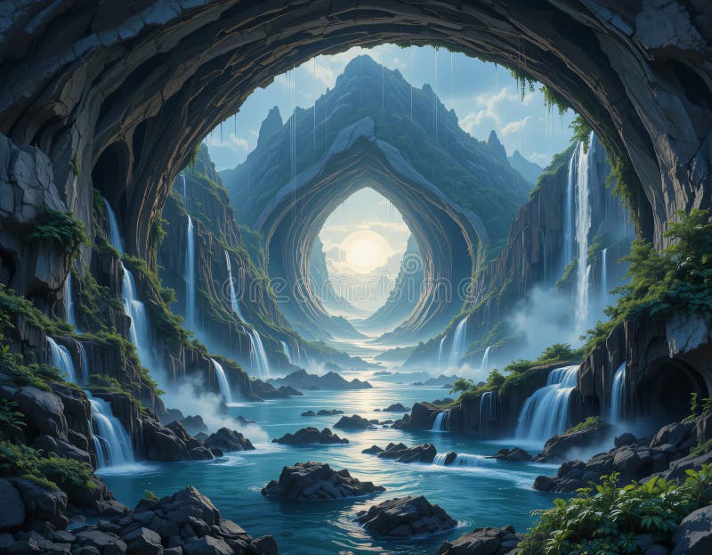 Mystical Valley with Cascading Waterfalls on Sunset Backdrop Stock ...