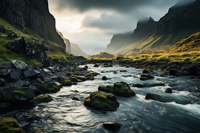 Mystical Valley with River Running through Cliffs. Generative AI Stock ...