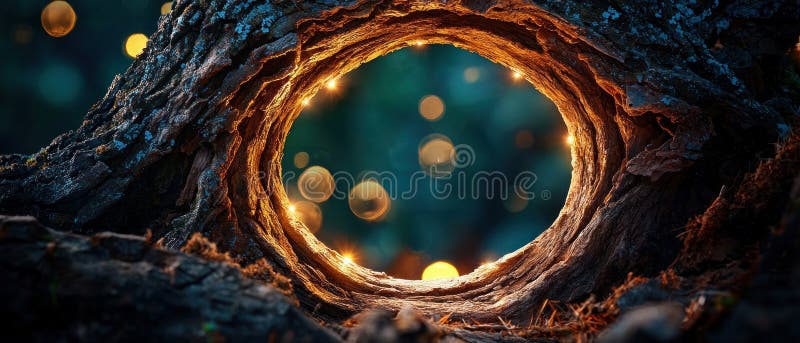 A Mystical View through a Tree Trunk Revealing Glowing Orbs in a Forest ...