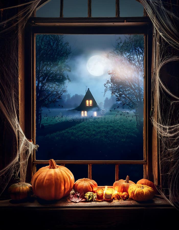 A Mystical View through a Witchs Cottage Window Showcasing a Pumpkin ...