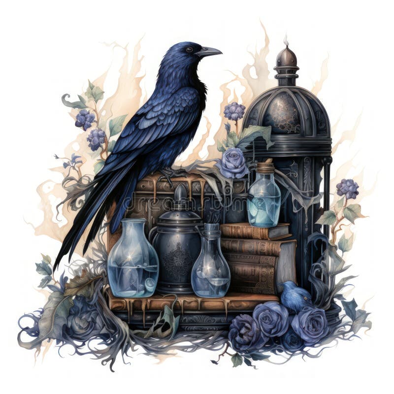 Mystical Watercolor Gothic Raven with Gothic Items on White Background ...