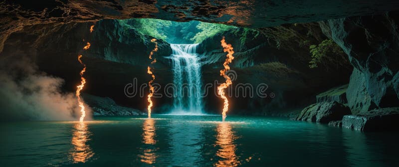 Mystical Waterfall Fire Lights Cave Nature Stock Photo - Image of ...