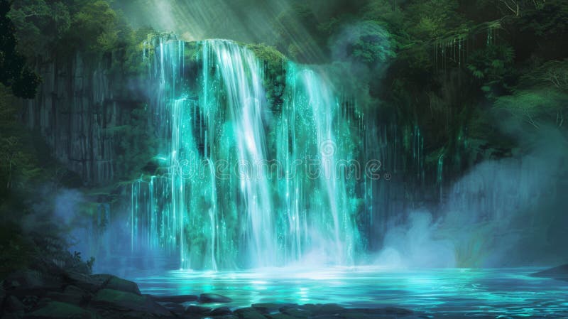 A Mystical Waterfall Flows with Glowing Blue Waters, Set Against the ...