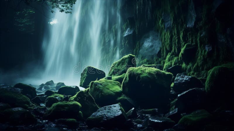 Mystical Waterfall in the Middle of the Jungle with Green Moss-covered ...