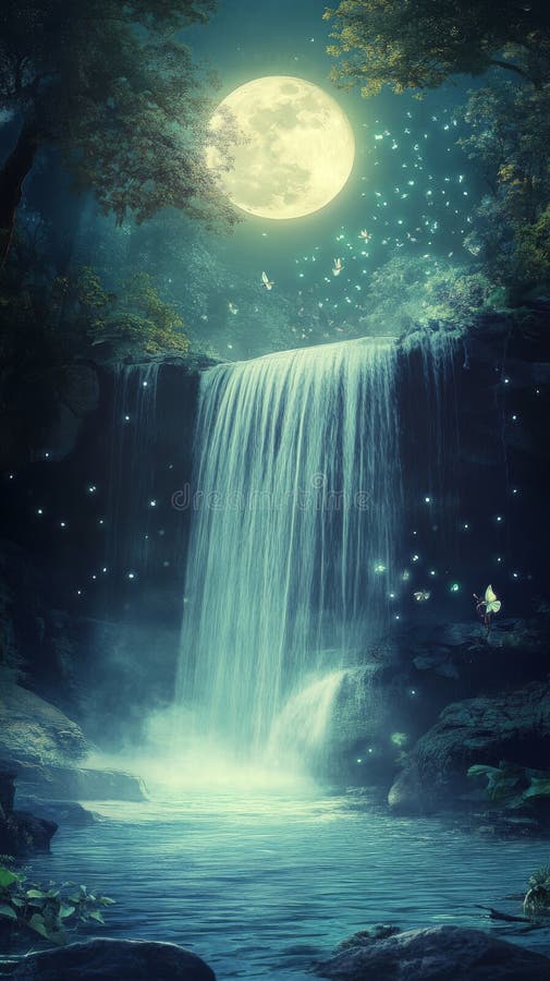 Mystical Waterfall Under Full Moon with Glowing Fireflies Stock Image ...