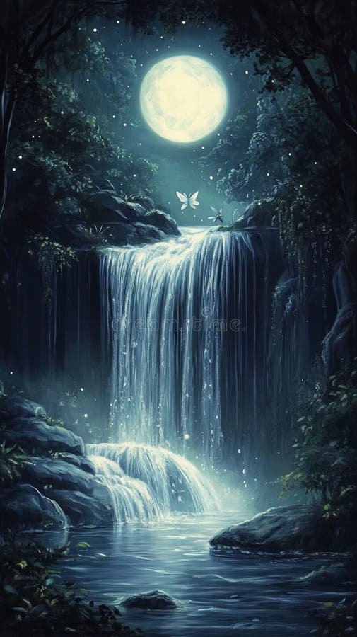 Glowing Waterfall Under Full Moon Surreal Landscape Stock Photos - Free ...