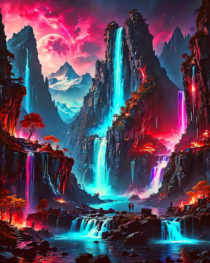 Mystical Waterfalls at Night Stock Photo - Image of landscape, night ...