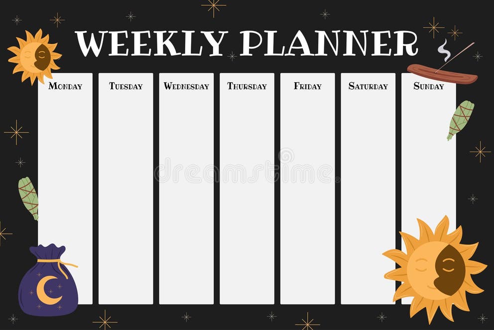 Mystical Weekly Planner Template in Flat Esoteric Style with Sun and ...