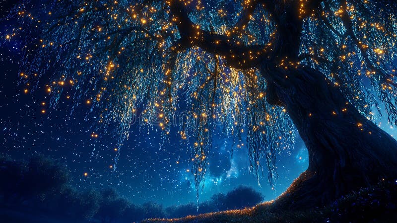 Mystical Weeping Willow Under a Starry Night Sky. Generative AI Stock ...