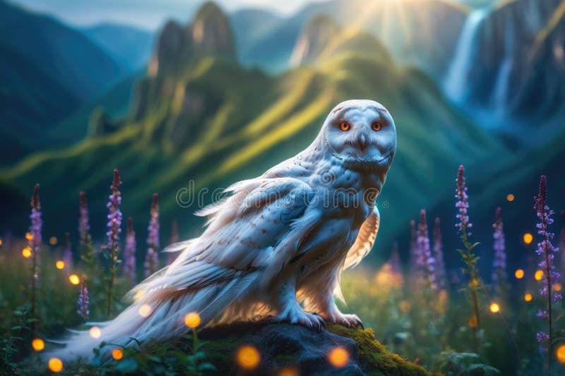 Mystical White Owl, Ghost Owl in a Clearing in the Distance, Mountains ...