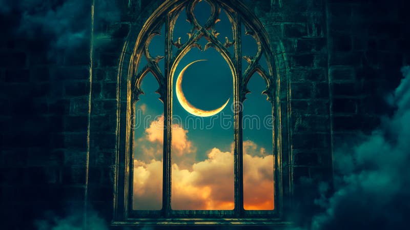 Mystical Window with Crescent Moon in Night Sky Stock Illustration ...