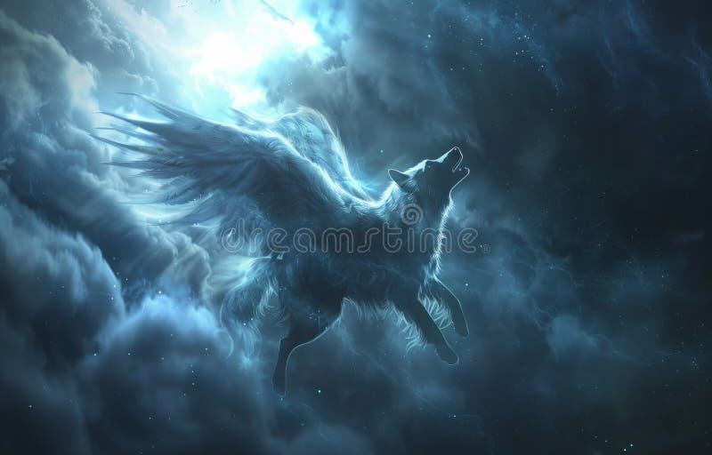 A Mystical Winged Dog Soaring Upwards Surrounded by Ethereal Mist and ...