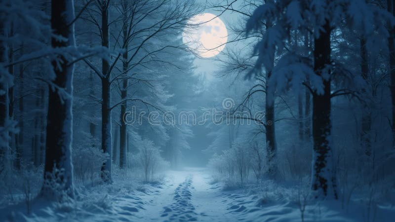 Mystical Winter Forest, Moonlight Path through Snow-Covered Trees Stock ...
