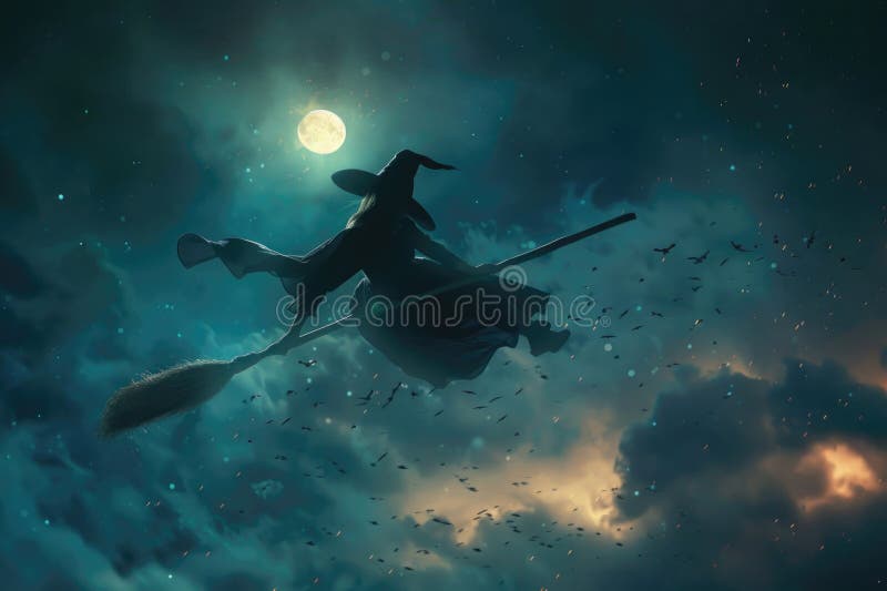 Mystical Witch Flying Against a Full Moonlit Sky with Bats and Clouds ...