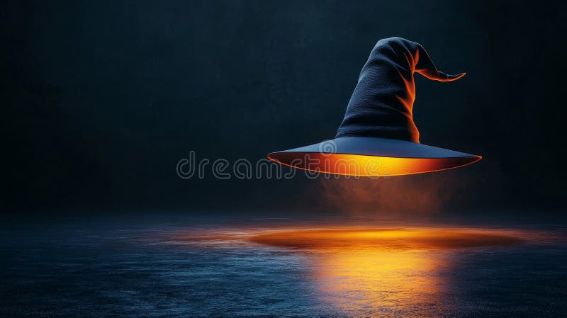 A Mystical Witch Hat Floats in Darkness, Illuminated from Below Stock ...