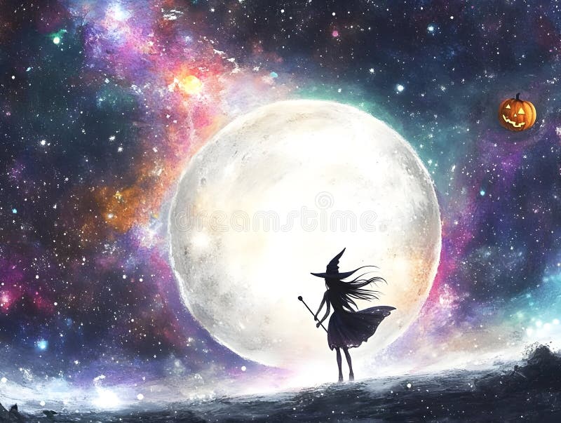 A Mystical Witch Silhouette Against a Cosmic Backdrop with a Large Moon ...