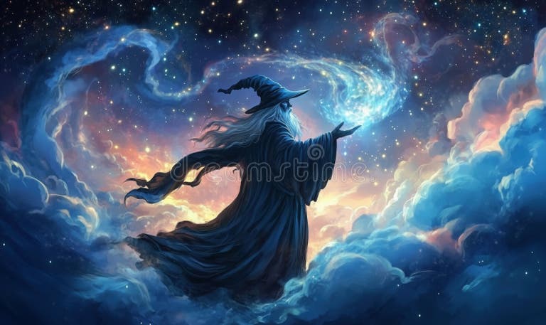 Mystical Wizard Casting Spells in Cosmic Clouds Under Starry Sky Stock ...