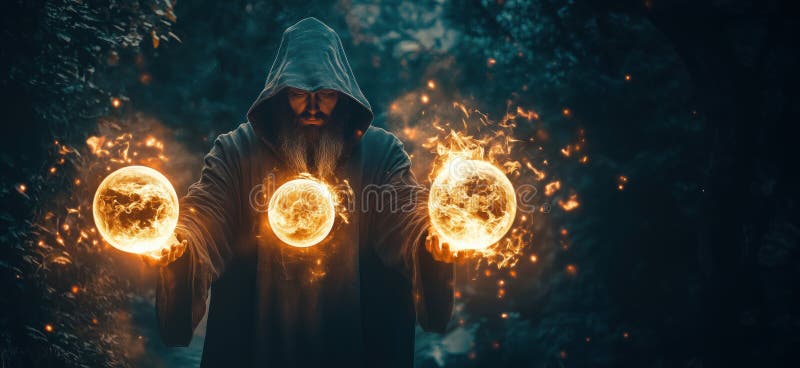 Mystical Wizard Conjuring Three Fiery Orbs in Dark Forest, Showcasing ...